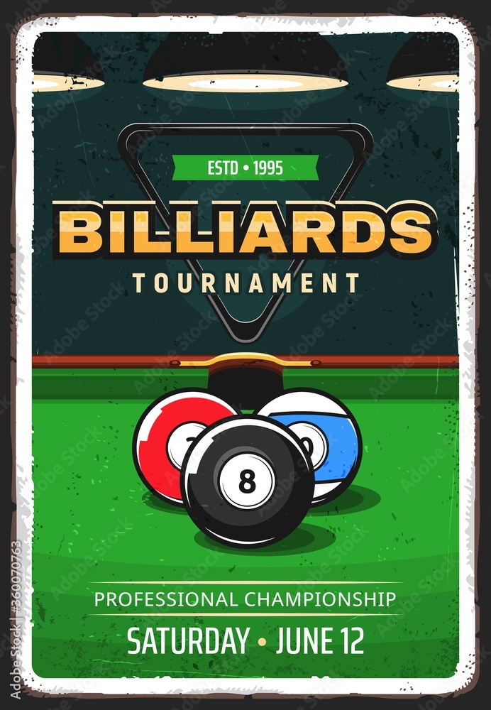 Billiard pool tournament retro vector poster. Balls for English and ...
