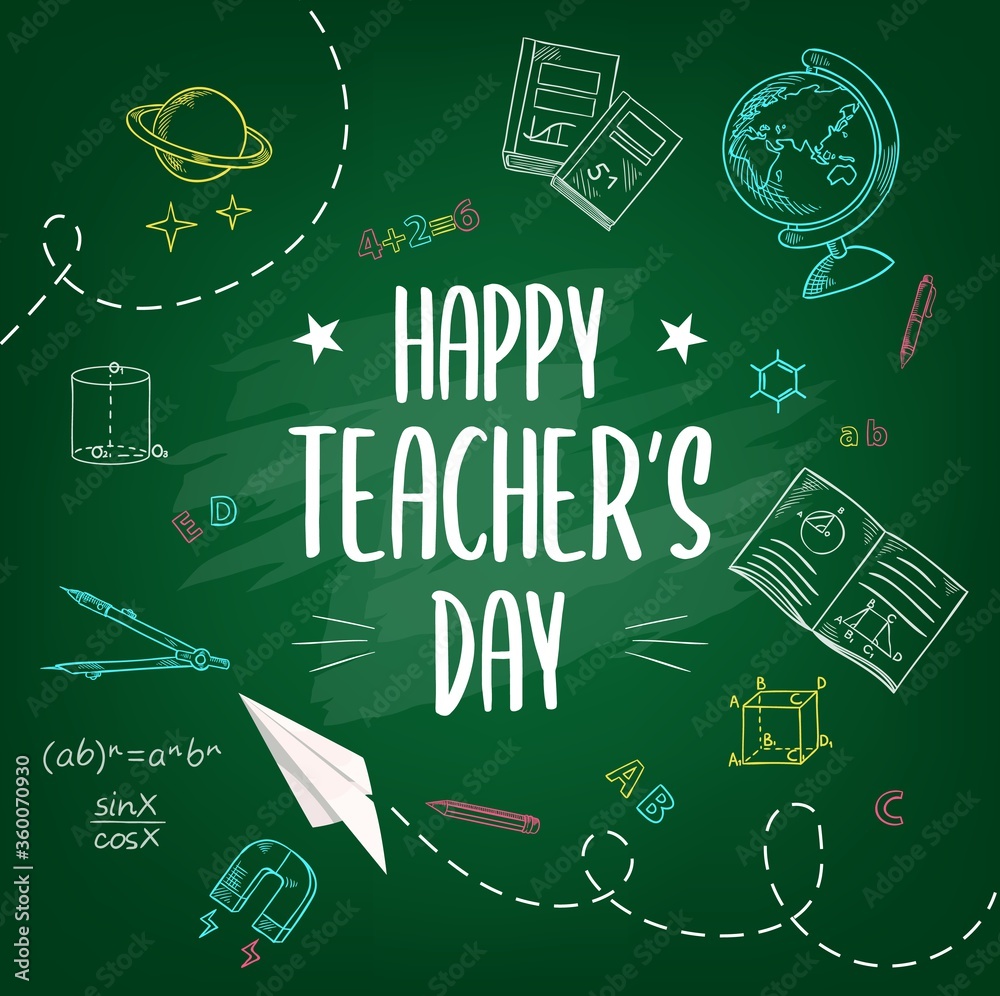 Happy teachers day chalk sketch school chalkboard with hand drawn globe ...