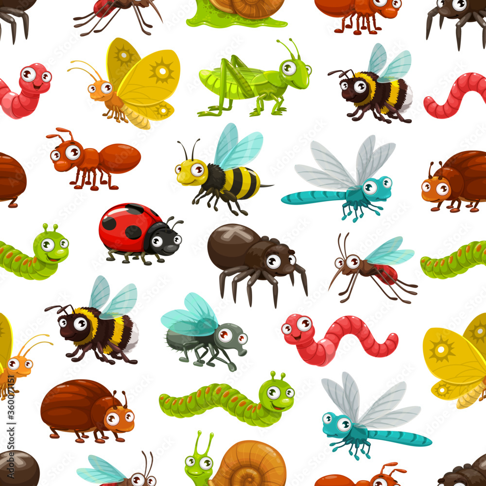 Cartoon insects and bugs vector seamless pattern. Background with cute ...