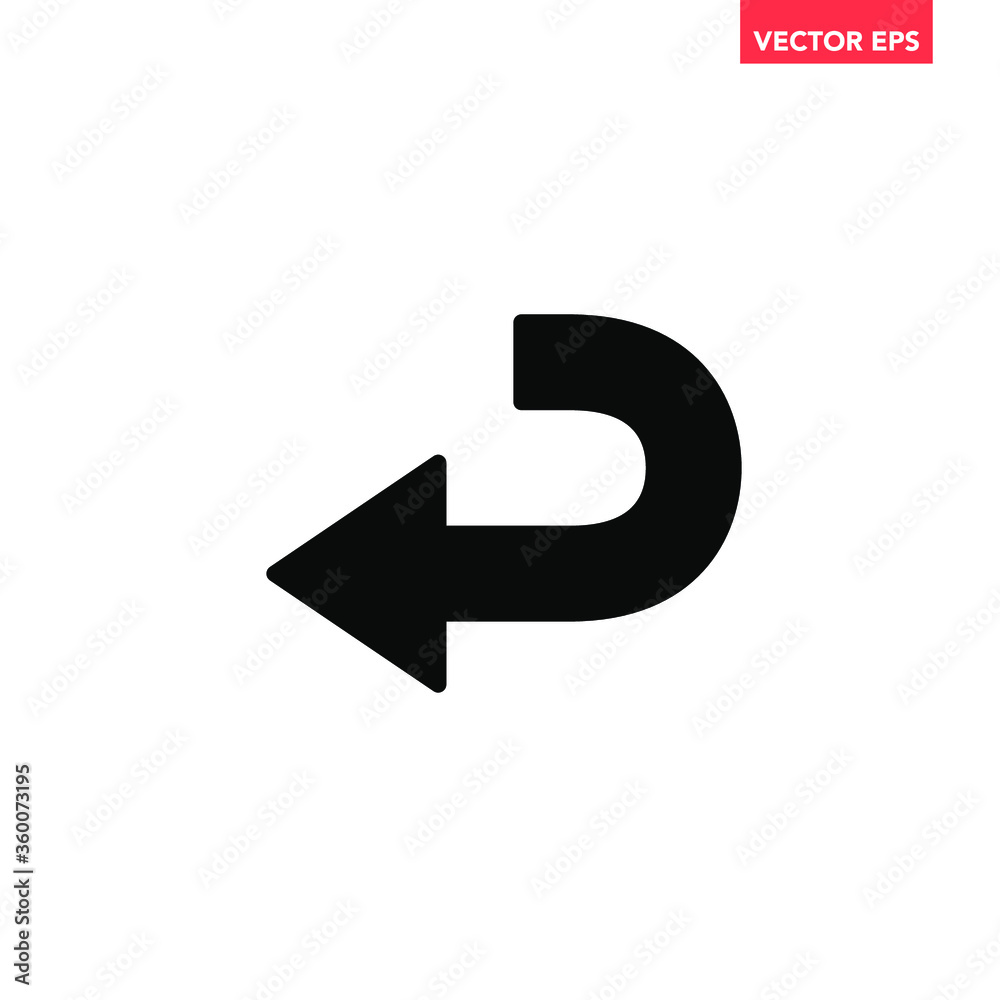 Black go back return arrow icon, simple vector u turn shape pointer ...