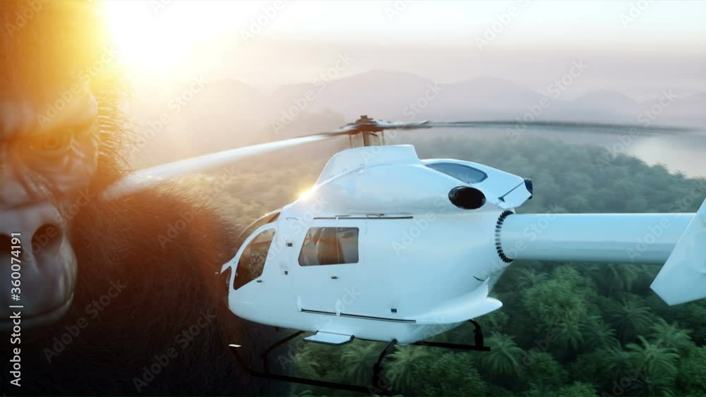 Giant gorilla and helicopter in jungle. Prehistoric animal and monster ...