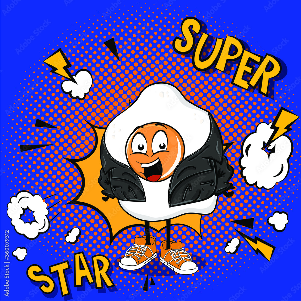 Funny omelette character in a fashionable black leather jacket and ...