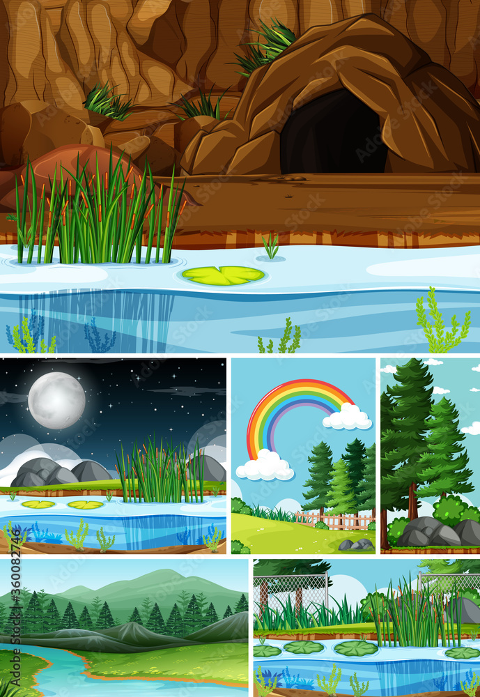 Six different scenes in nature setting cartoon style Stock Vector ...