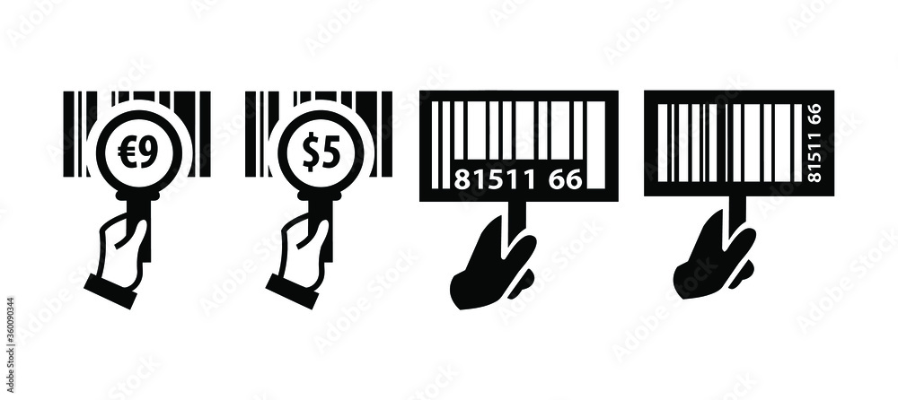 Hand and Zoom Barcode icon set. Universal Product Scan Code. UPC Bar ...