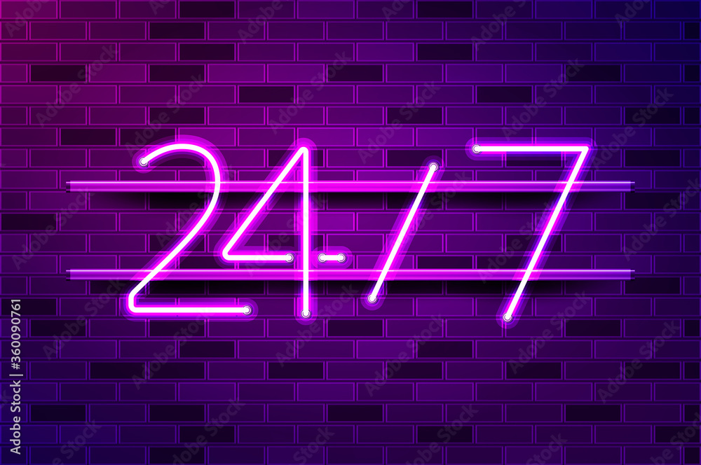 24 hours, convenience store glowing purple neon sign or LED strip light ...