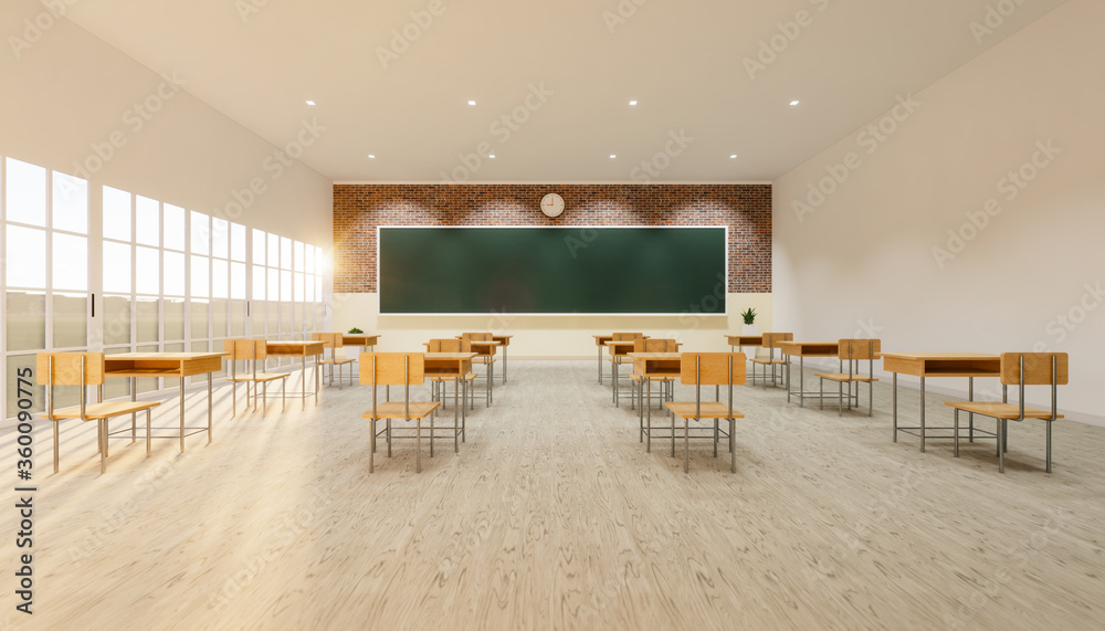 3d rendering of new normal classroom interior and spacing tables and ...