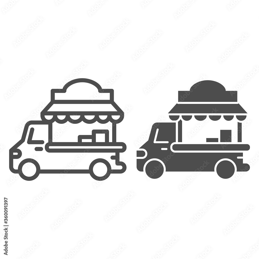 Car with kiosk line and solid icon, Street food concept, Food truck ...