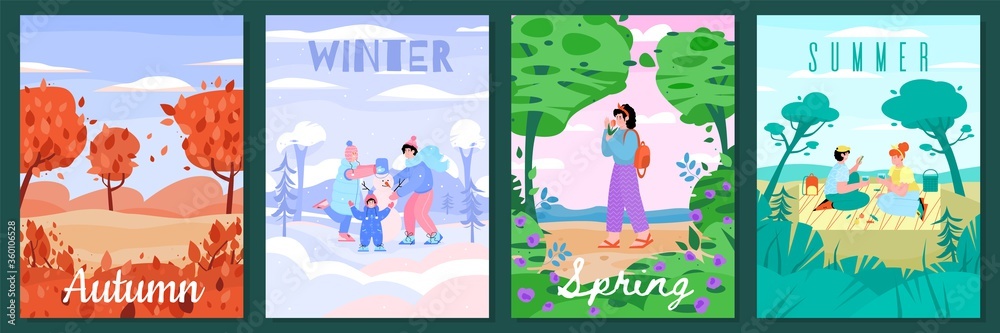 Nature seasons poster set with outdoor landscape and cartoon people ...