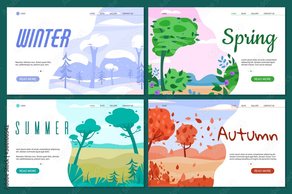 Website banners set with four seasons landscapes flat vector ...