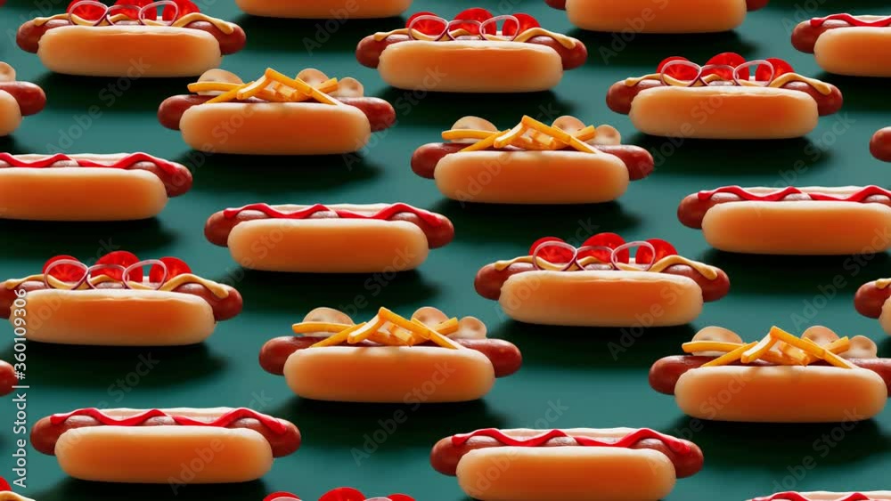 Tasty hot dogs in rows are jumping and moving together in one direction ...