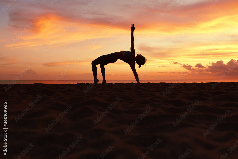 Yoga Poses. Woman Practicing Half Moon Asana On Ocean Beach. Female ...