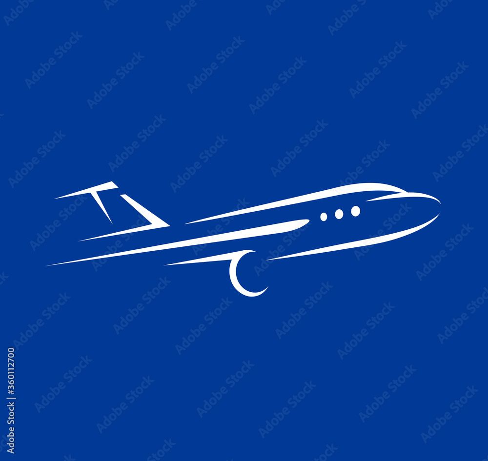 Airplane logo flight plane silhouette white color blue background Stock ...