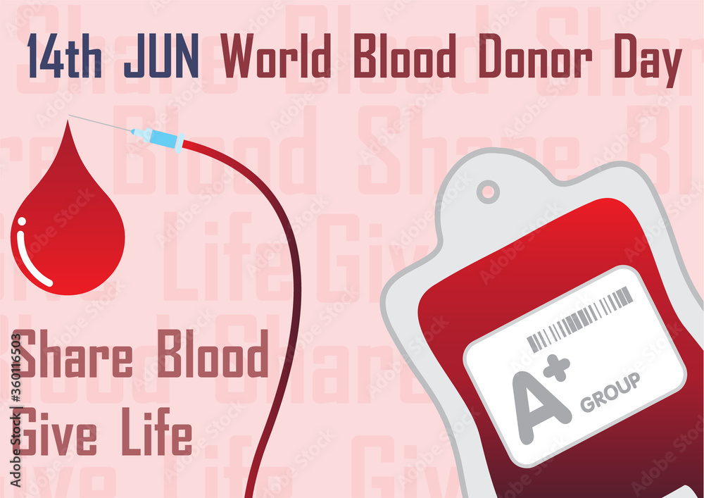 Group A+ Blood bag and transfusion set with a big blood droplet and the ...