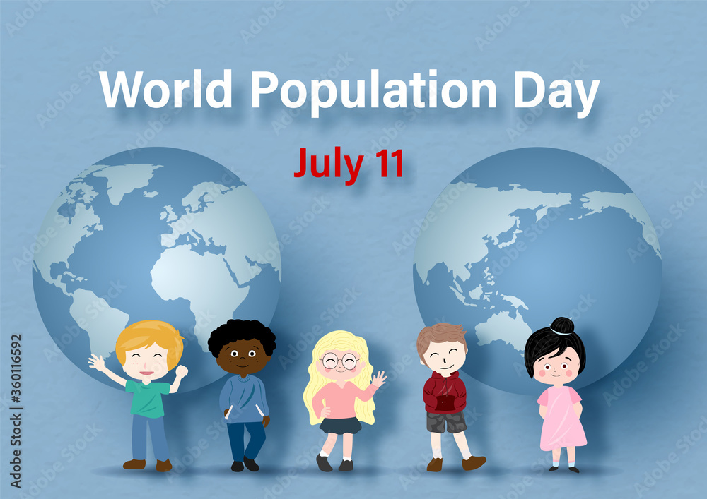 Closeup group national children in cartoon character on blue global ...