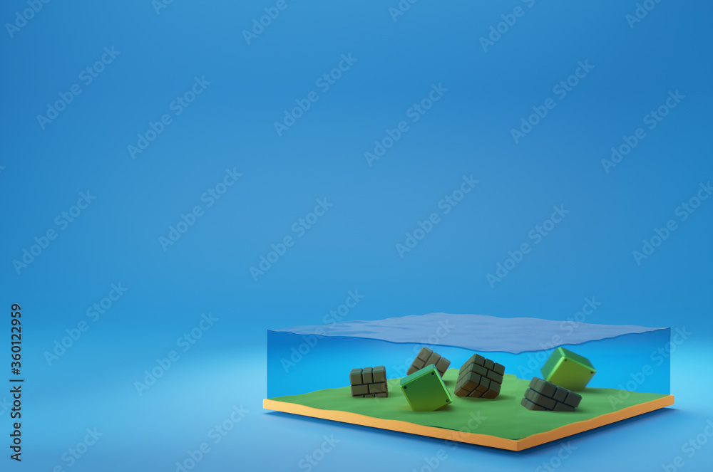 3D rendering illustration of a cross section of water cube, ocean, sea ...
