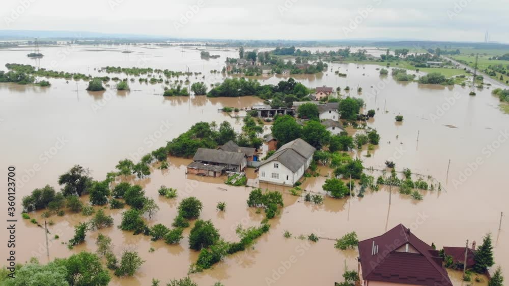 Aerial view Floods and flooded houses. Mass natural disasters and ...