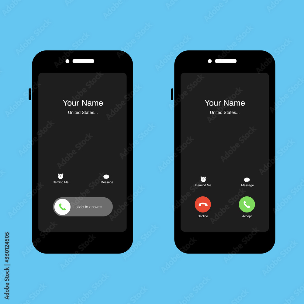 Phone incoming call screen interface set. Slide to answer. Accept button, Decline button ...