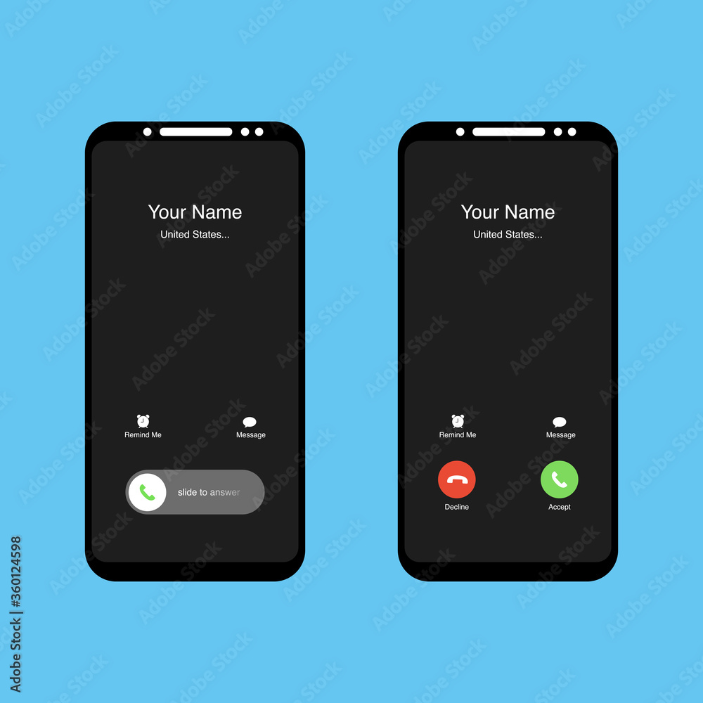 Phone incoming call screen interface set. Slide to answer. Accept button, Decline button ...