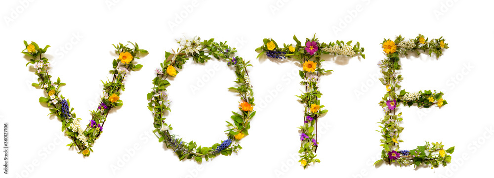 Flower, Branches And Blossom Letter Building English Word Vote. White ...