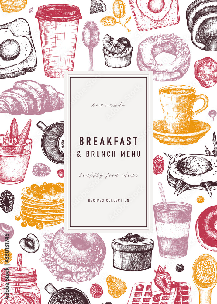 Breakfast food card or invitation in color. Morning food and hot drinks ...