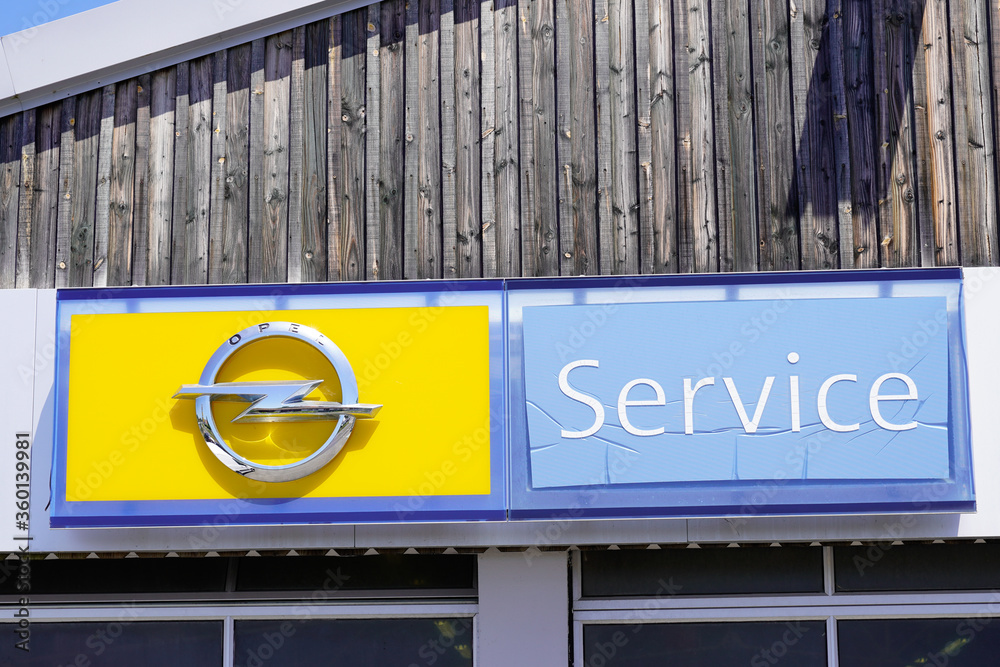 opel logo service sign on station shop of car dealership store Stock ...