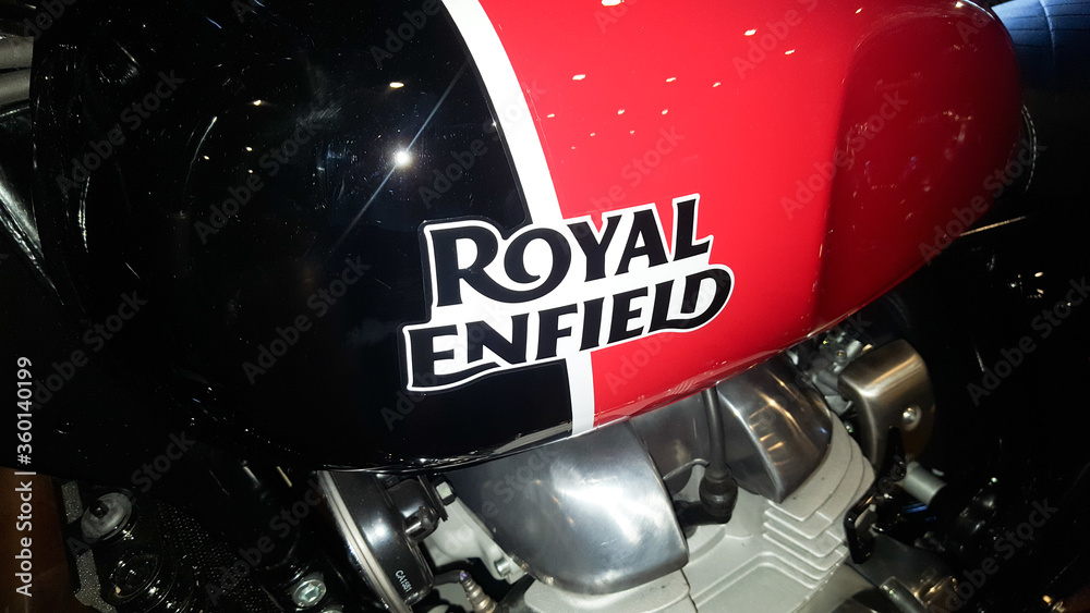 Royal Enfield logo sign on Indian motorbike steel tank of vintage ...