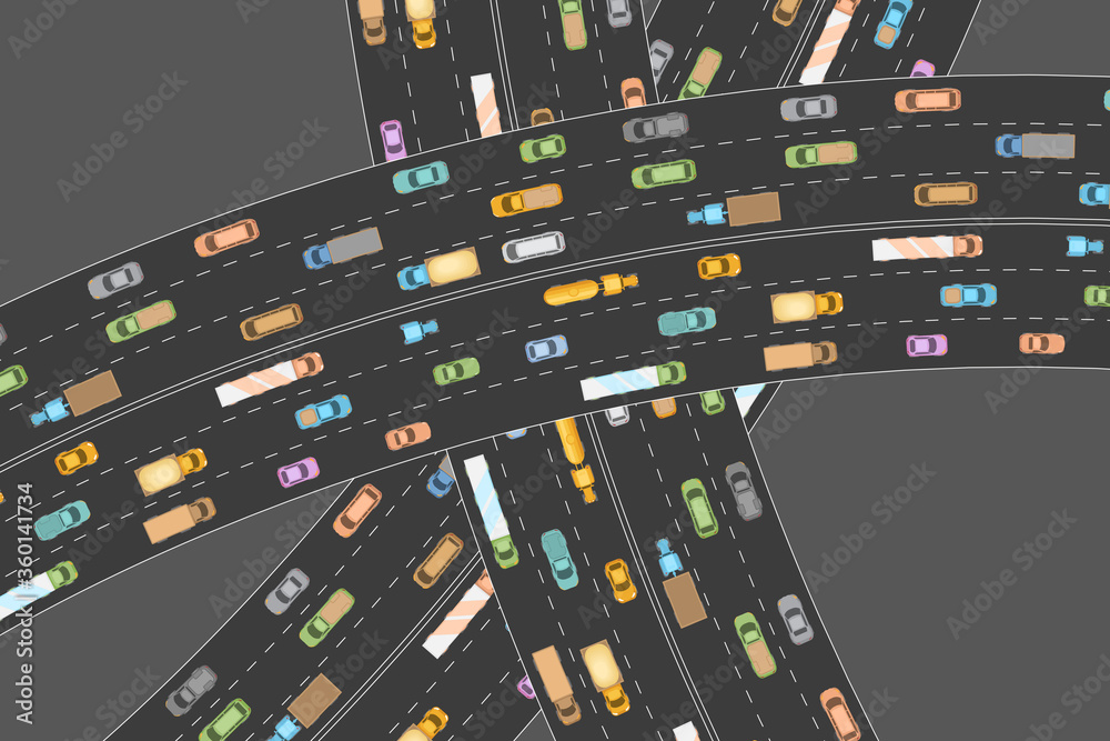 Traffic jam. Top view. The road and overpass with cars in traffic. View ...