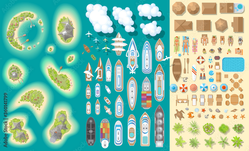 Vector set. Summer vacation. Tropical islands and ships. (top view ...