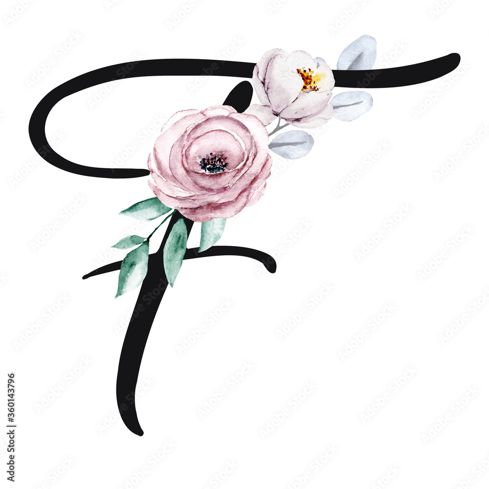 Letter f with watercolor flower and leaves. Letterhead, monogram ...