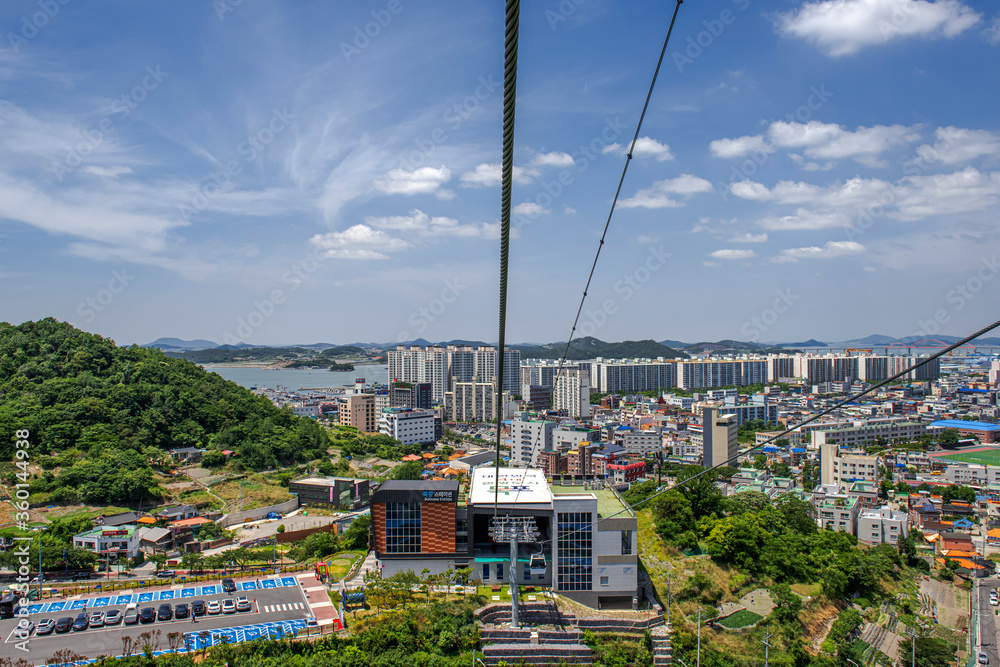 Beautiful cable car and harbor background blue sky and mountain. Stock ...