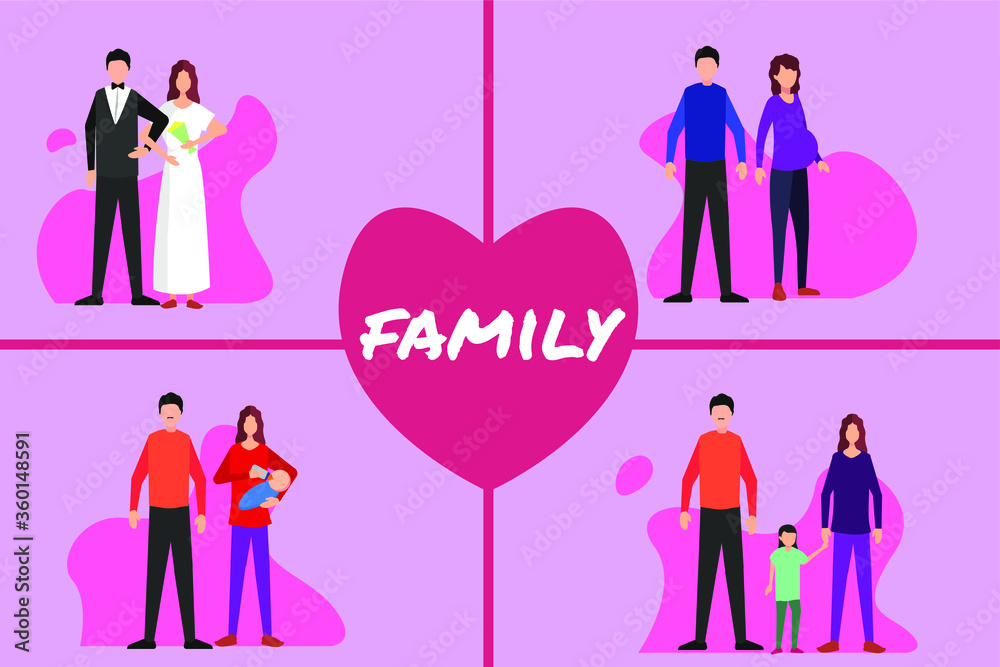 Family vector concept set: Family life stages from wedding to having a ...