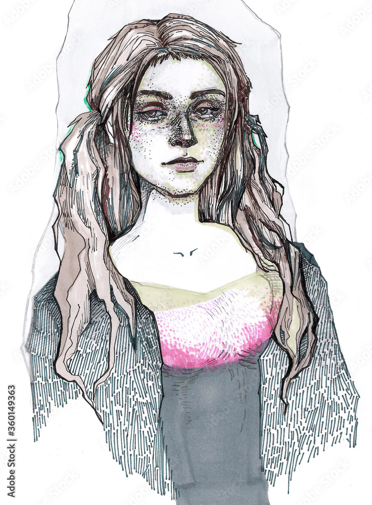 Drawing of a girl with traditional materials watercolor, pencil, marker ...