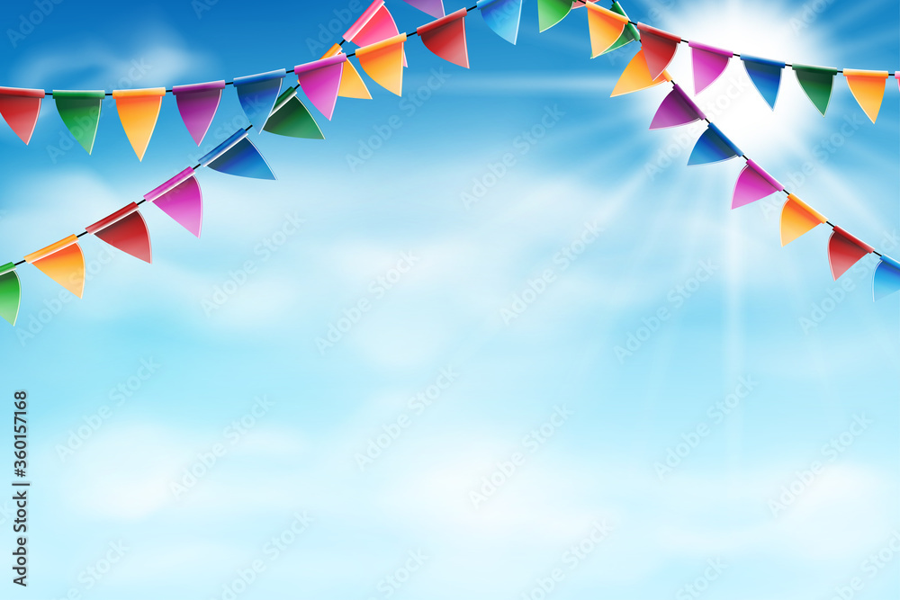 Celebrate banner on Sunny blue sky with clouds. Party flags with ...