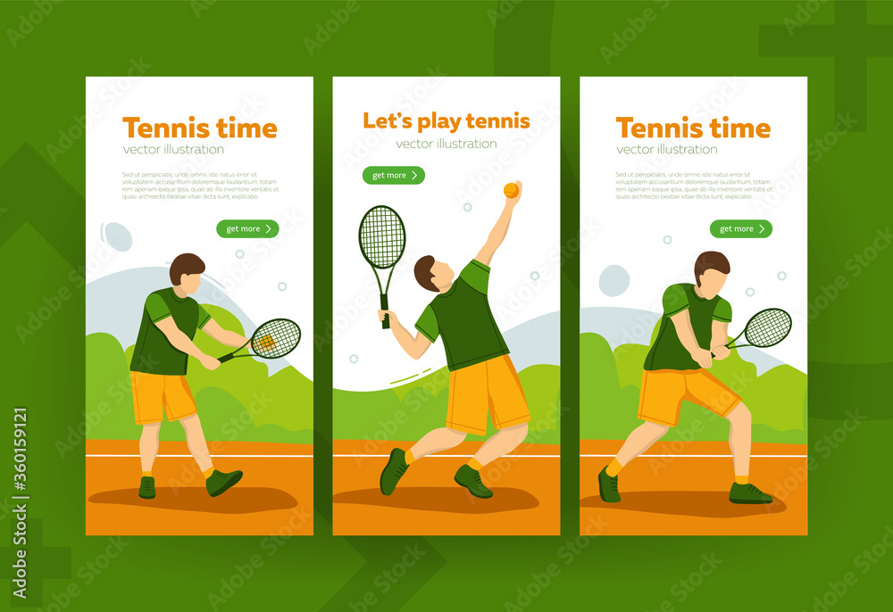 Set of banners tennis player with tennis racket, flat style vector ...