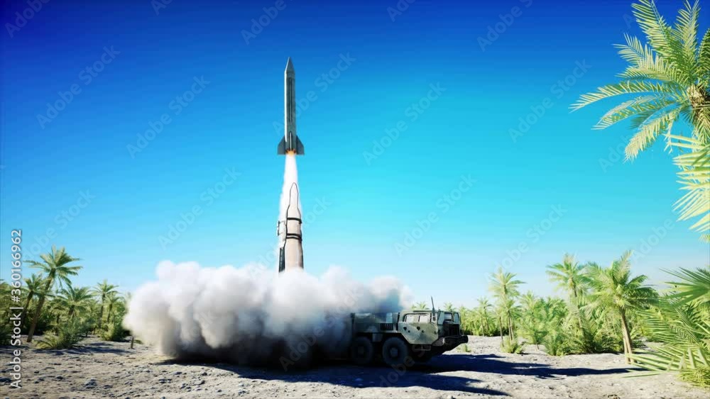 Nuclear ballistic rocket, complex. Launch rocket, dust. Realistic 4k ...