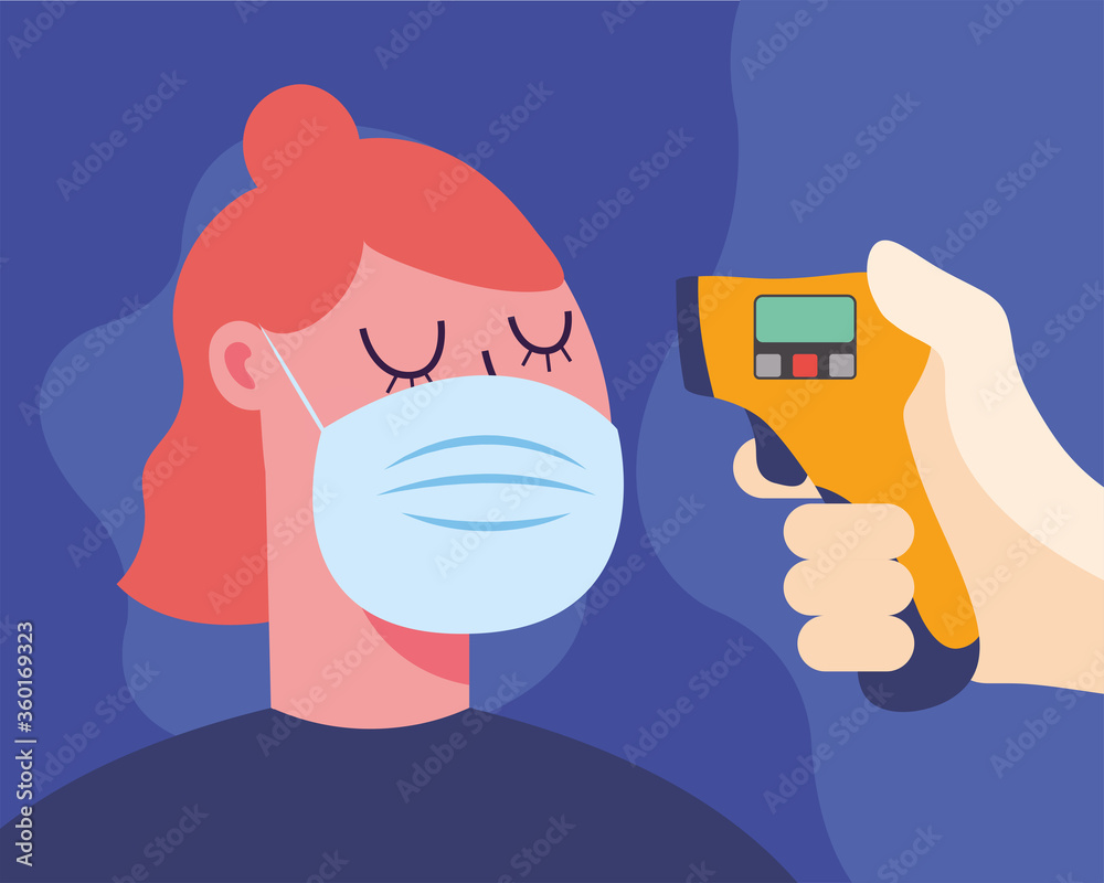 Hand holding thermometer gun checking woman temperature vector design ...