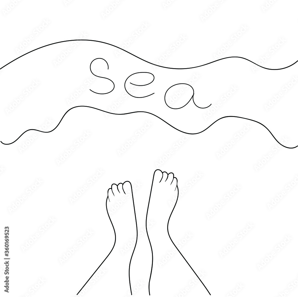 Hand-drawn black and white vector doodle, bare feet on the beach near ...
