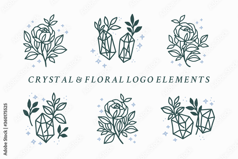 collection of hand drawn vintage and aesthetic crystal and rose flower ...
