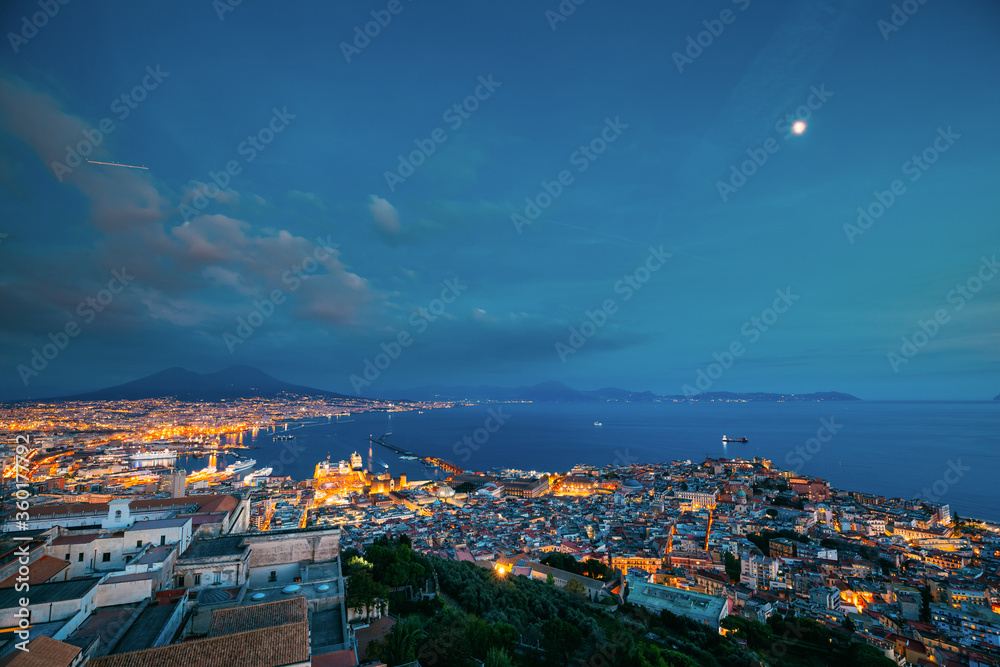 Naples, Italy. Skyline Cityscape In Evening Lighting. Tyrrhenian Sea ...