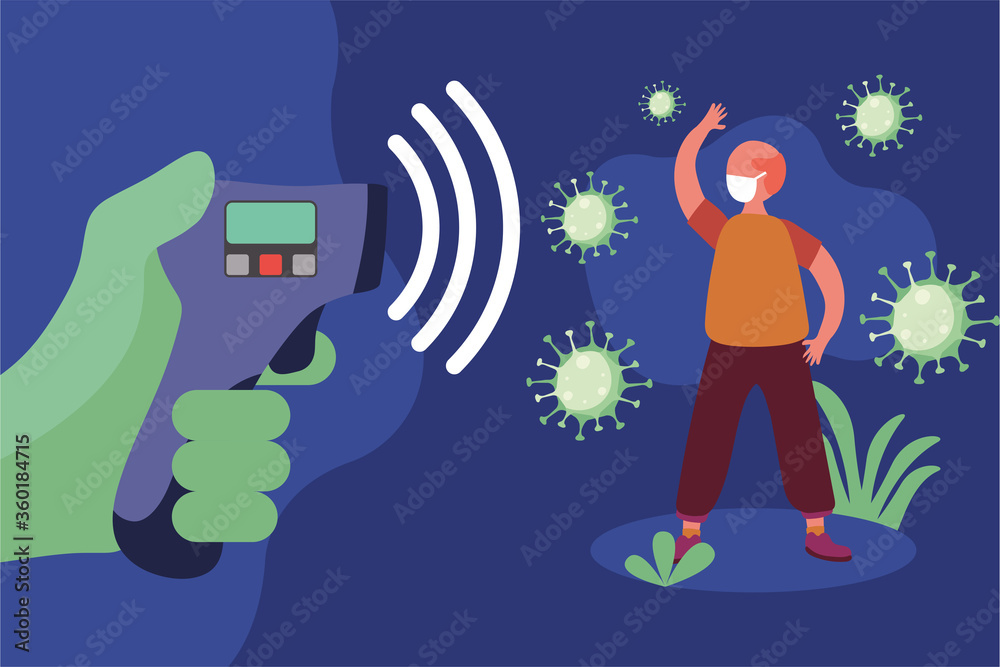 Hand holding thermometer gun checking man temperature vector design ...