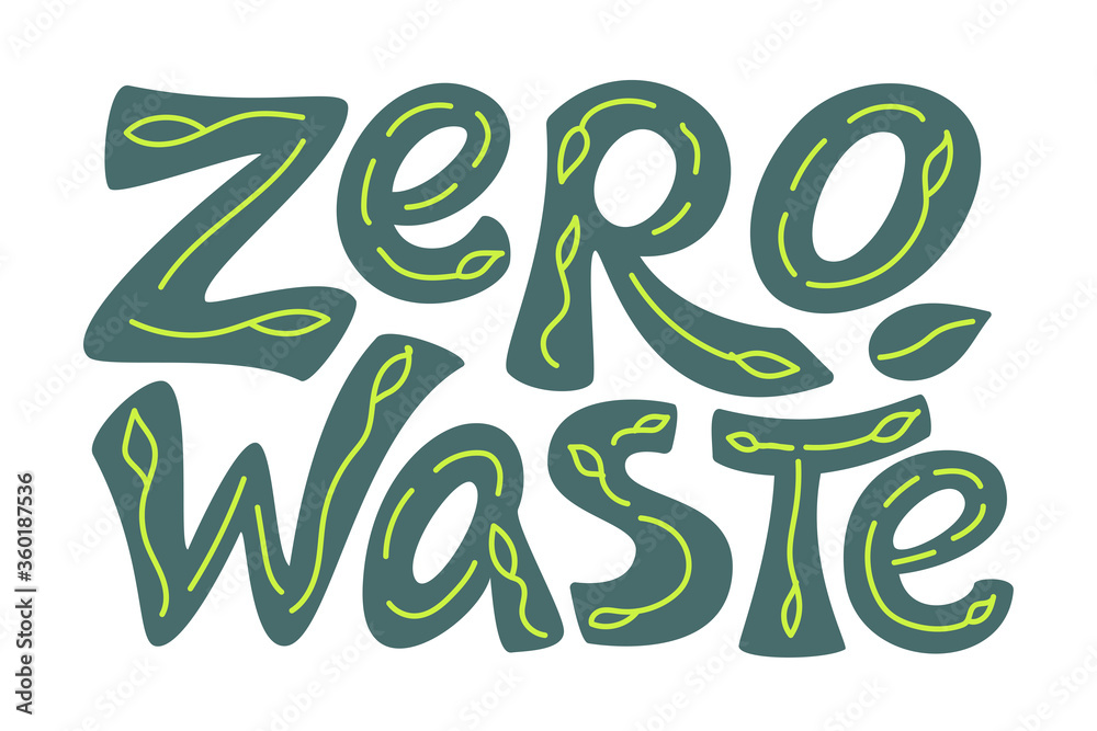 Zero waste hand drawn lettering text in green isolated on white ...
