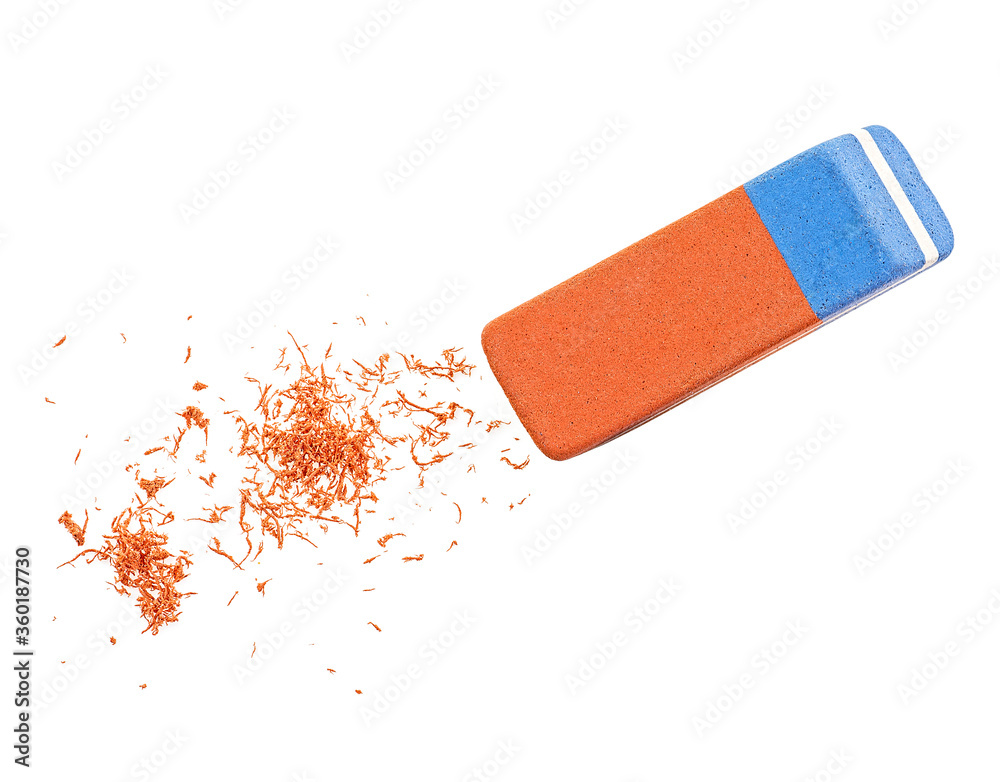 Eraser and eraser scrap isolated on a white background. Top view. Stock ...