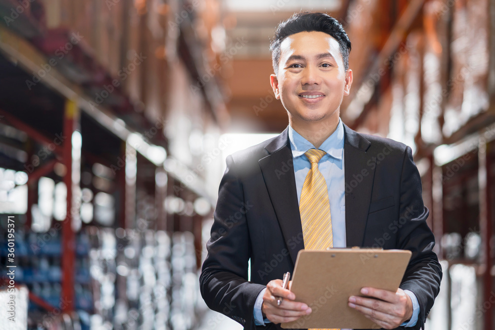 portrait of asian male business owner formal suit hand check product ...