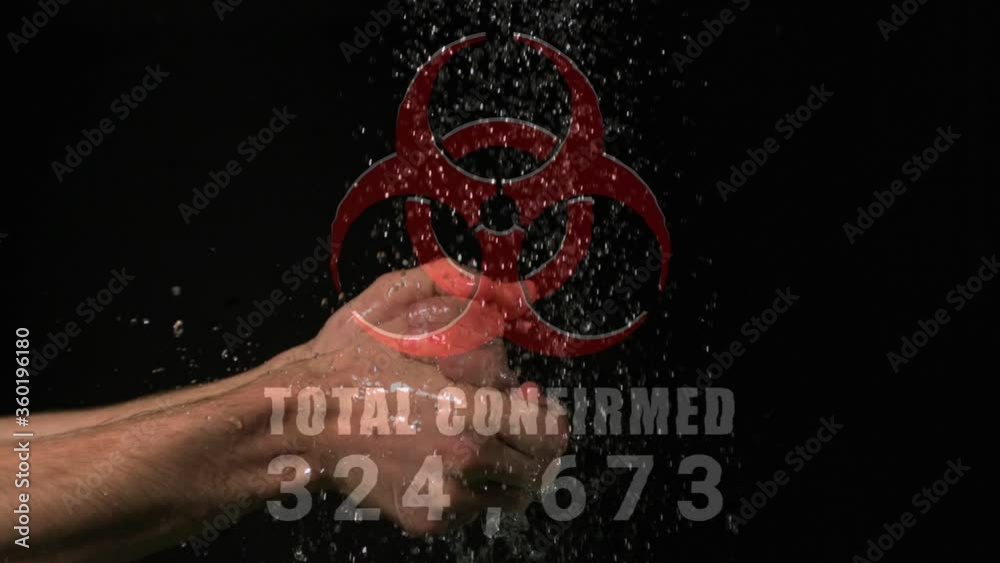 Animation of a red hazard sign with Total Confirmed rising number over ...