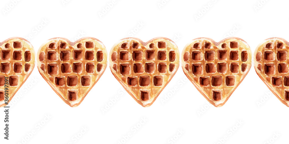 Watercolor seamless border with wafers of various shapes. Heart waffles ...