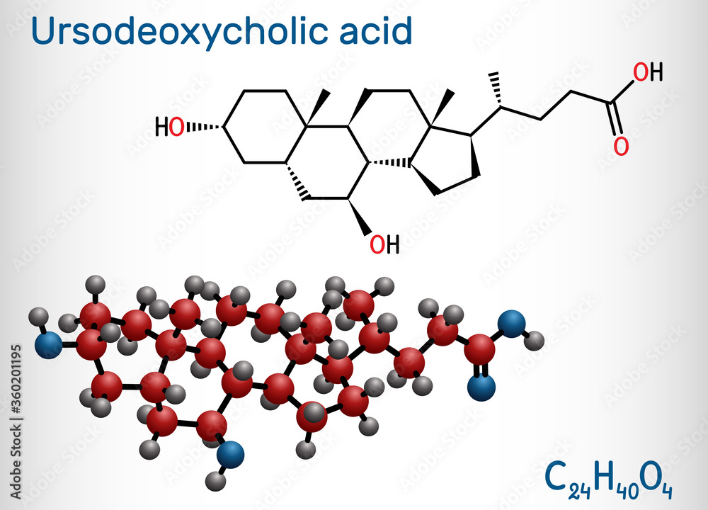 Ursodeoxycholic acid, ursodiol, UDCA molecule. It is used as cholagogue ...