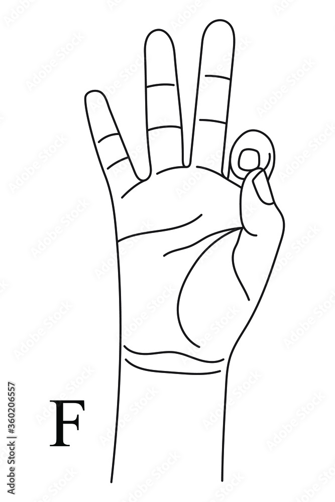 Hand gesture showing letter F on American Sign Language. Alphabetical ...