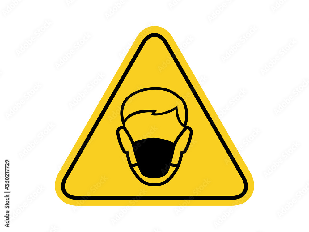 isolated wearing face mask, common hazards symbols on yellow round ...