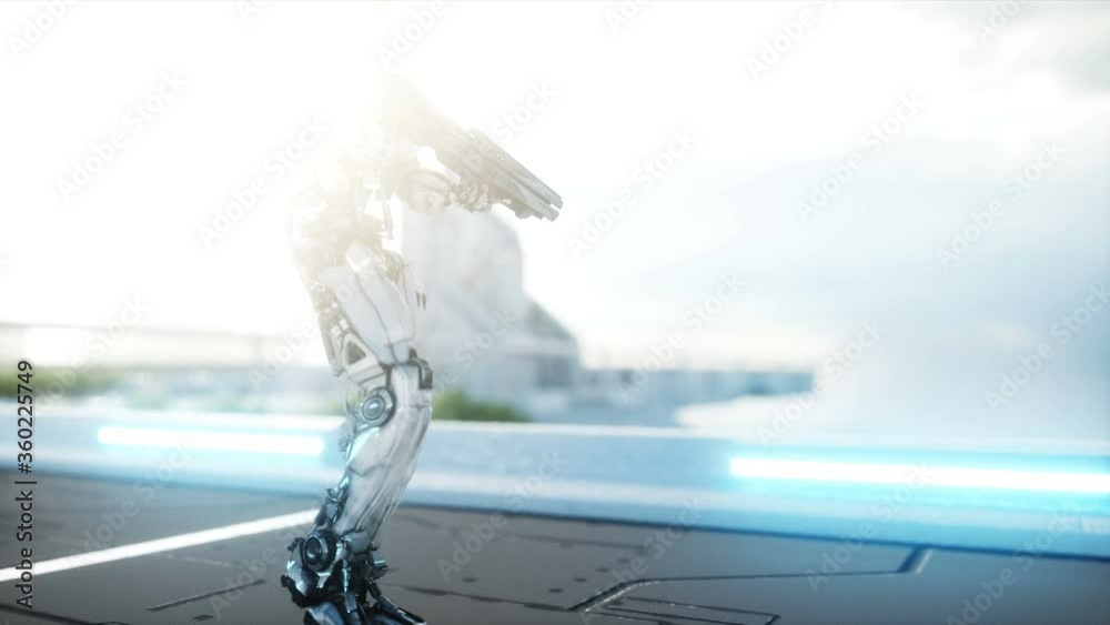 Military robot with gun walking. Futuristic city, town. Realistic 4K ...