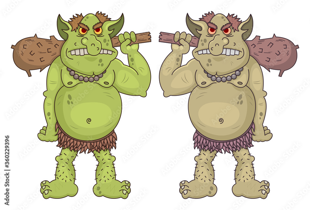 Giant Funny cartoon ogres holds a wooden clubs. Cute fantasy mythical ...